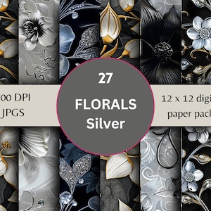 White Black and Silver Floral Digital Paper, Seamless Flowers Rose ...