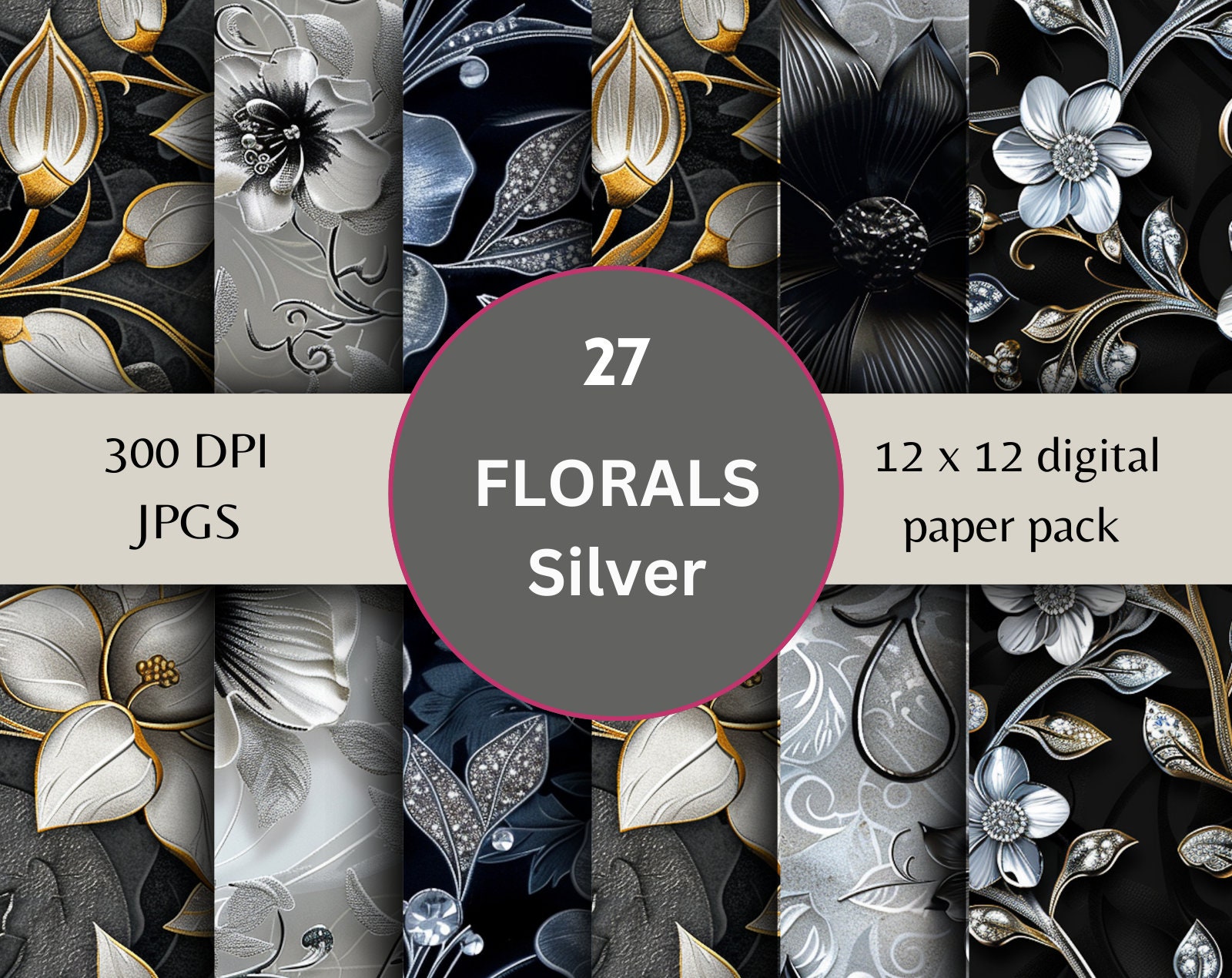 White Black and Silver Floral Digital Paper, Seamless Flowers Rose ...