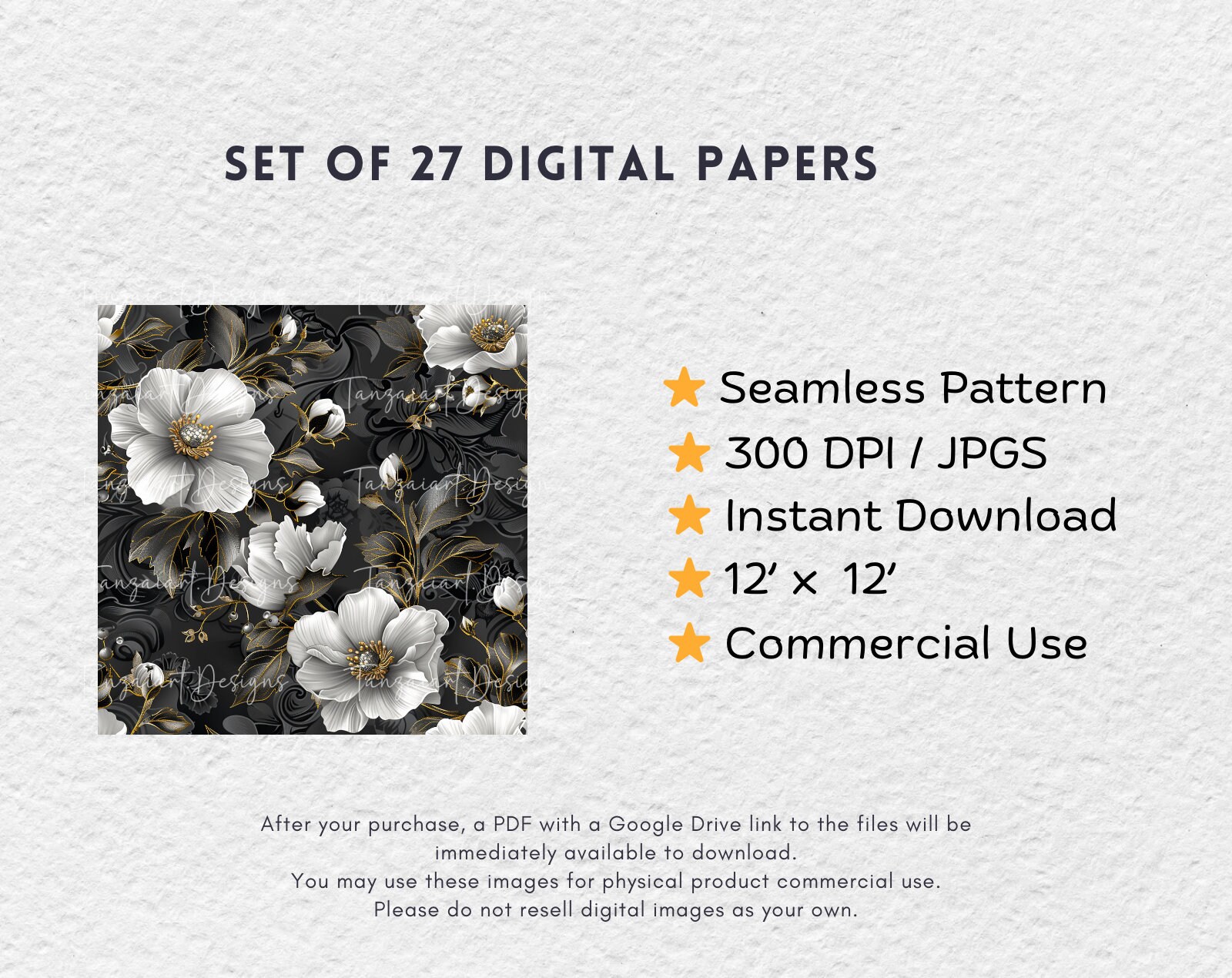White Black and Silver Floral Digital Paper, Seamless Flowers Rose ...