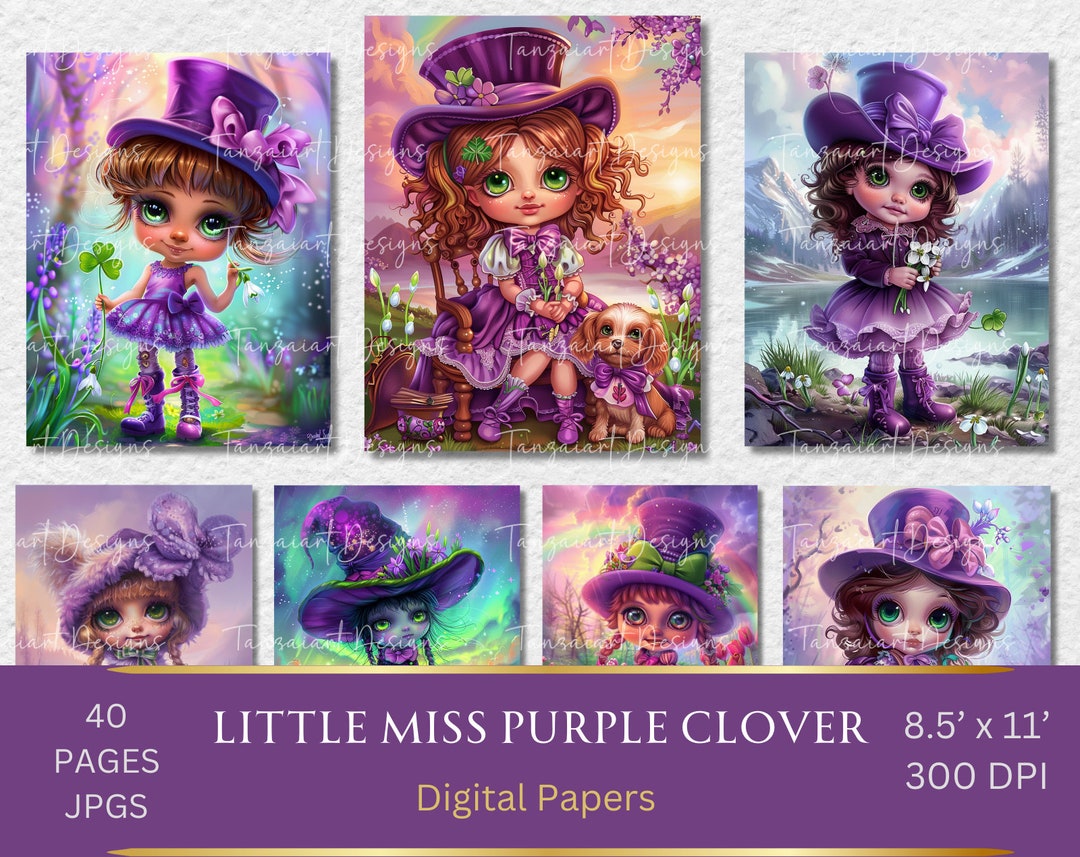 40 Whimsical Little Miss Purple Clover Images Digital Kit Digital Art ...
