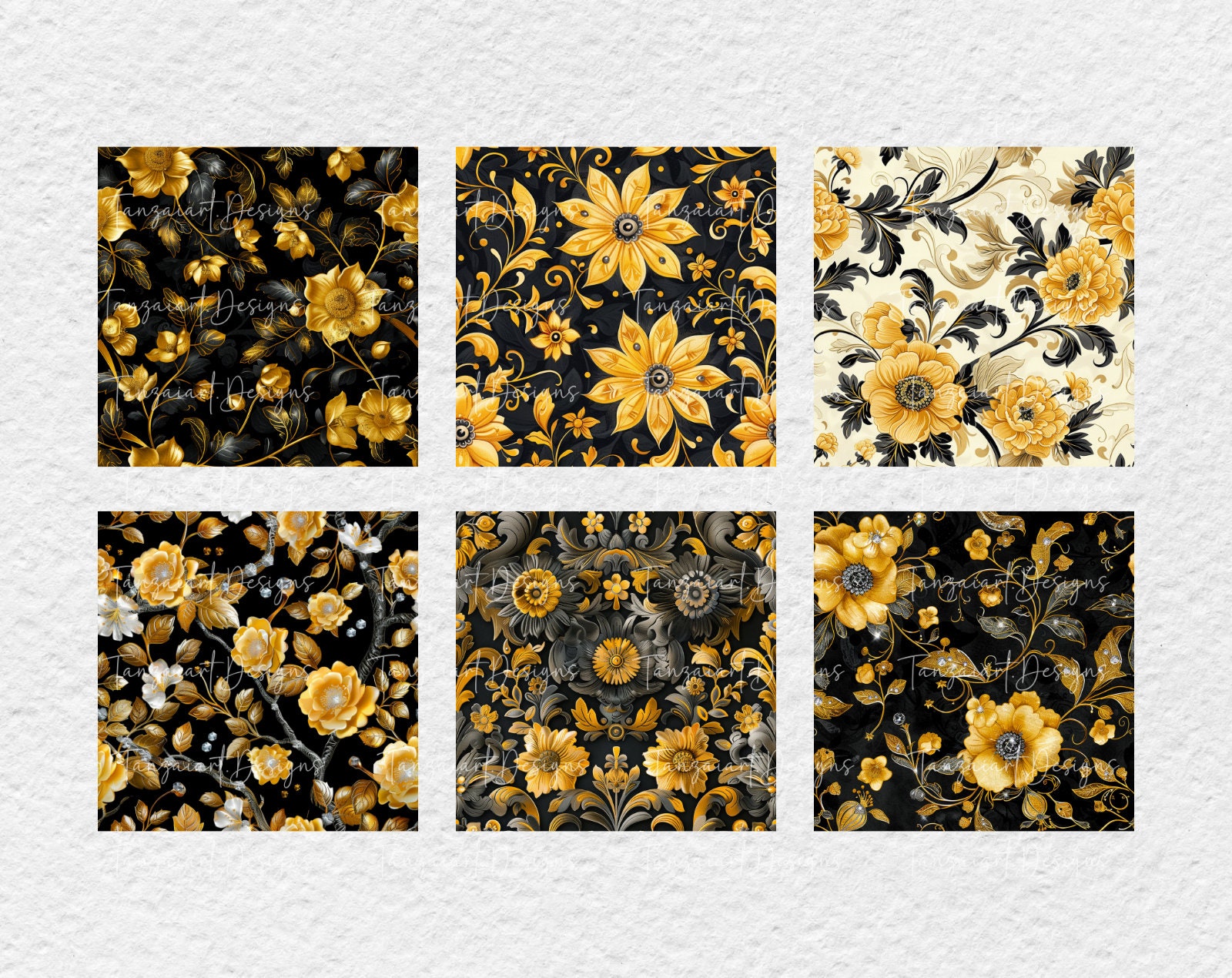 Black and Yellow Floral Digital Paper, Gold Flowers Seamless Pattern ...