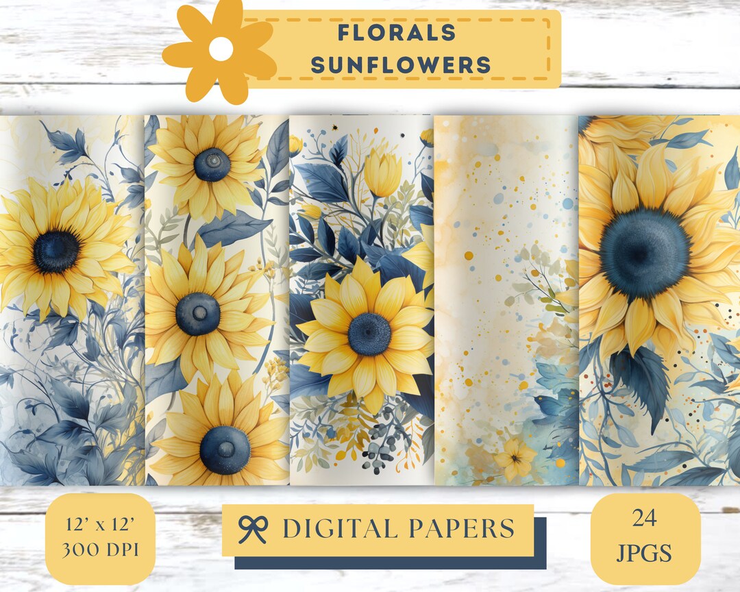 Sunflower Digital Paper, Yellow and Blue Floral Cottagecore Watercolor ...