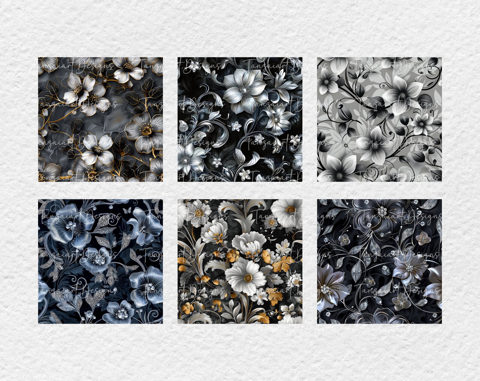 White Black and Silver Floral Digital Paper, Seamless Flowers Rose ...