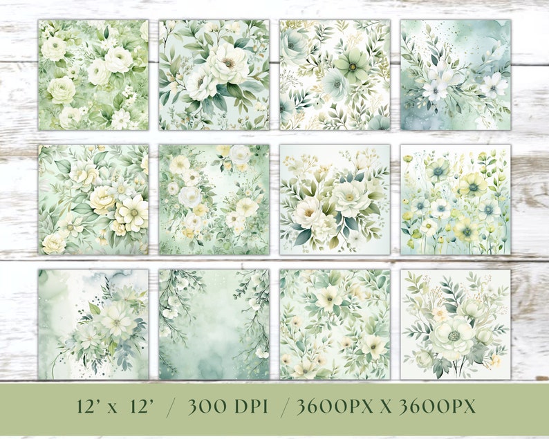 Sage Green Floral Watercolor Digital Paper, Abstract Pastel Wedding ...