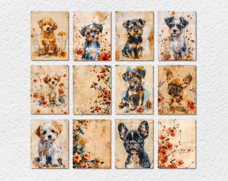 Floral Cute Puppy Junk Journal Pages, Digital Dog Scrapbook Kit, Cute ...
