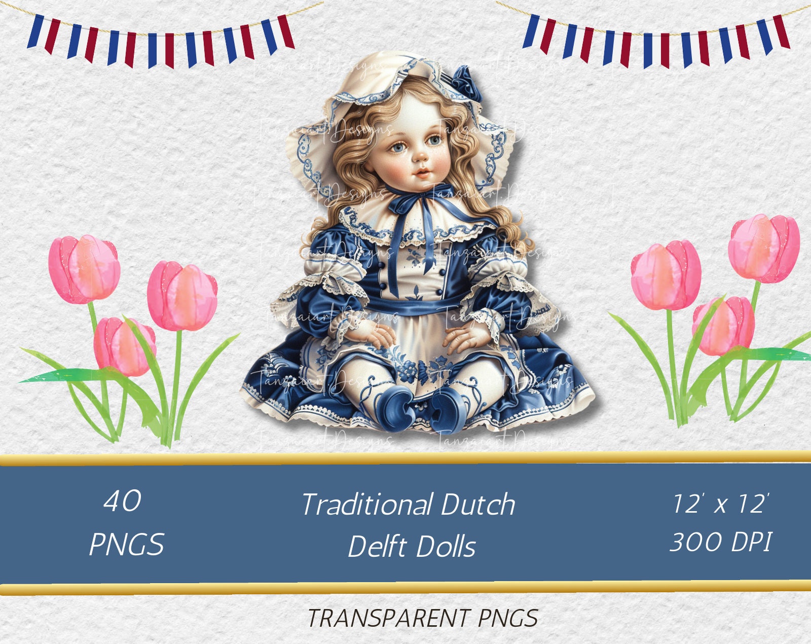 Dutch Delft Dolls Blue Clipart Bundle, Watercolor Dutch Ceramic PNG ...