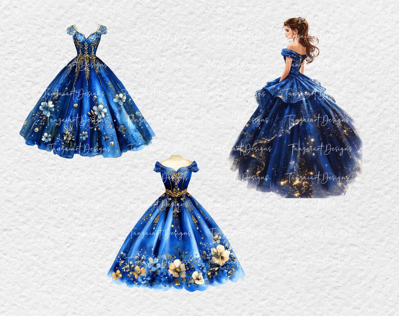 Navy Blue Princess Dresses Watercolor Clipart, Navy Blue Quinceañera ...