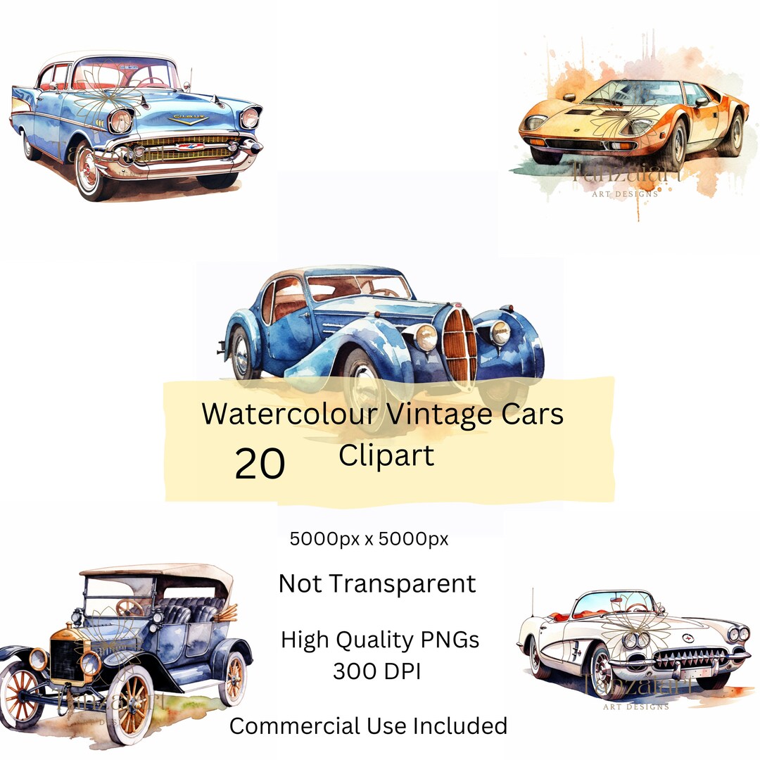 Watercolor Vintage Car Clipart 20 High Quality Pngs Digital - Etsy