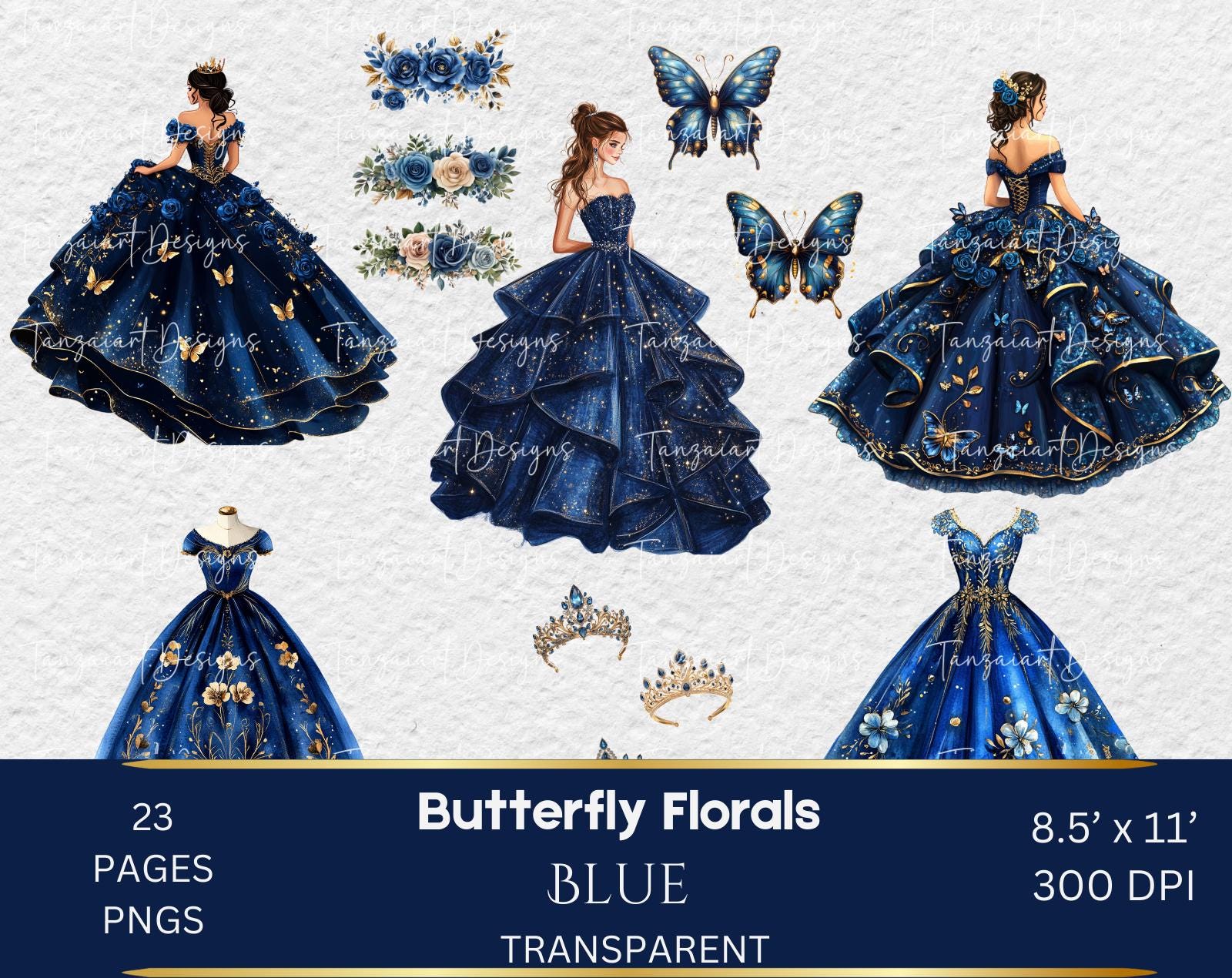 Navy Blue Princess Dresses Watercolor Clipart, Navy Blue Quinceañera ...