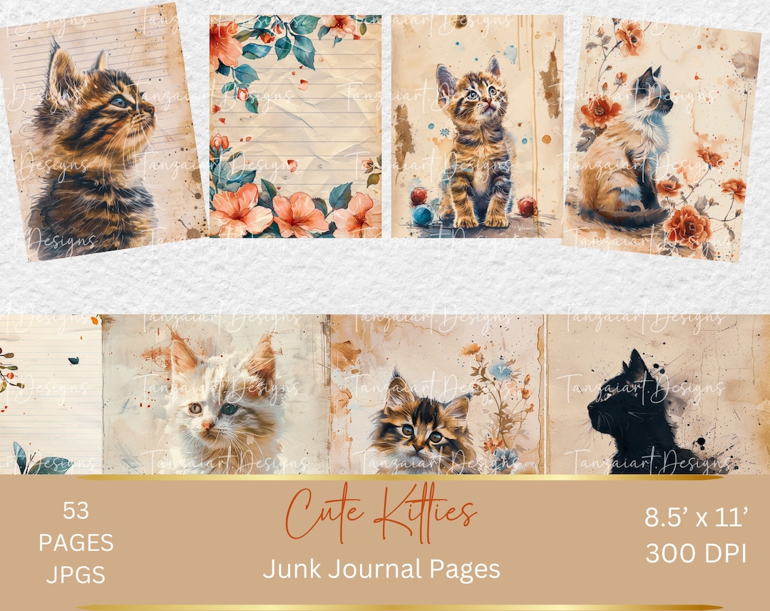 Cute Kittens With Flowers Watercolor Clipart, Cute Cat Art, Instant ...