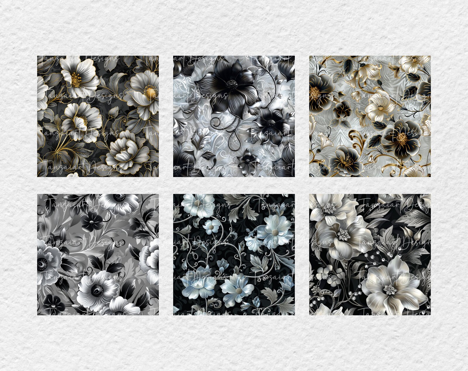 White Black and Silver Floral Digital Paper, Seamless Flowers Rose ...