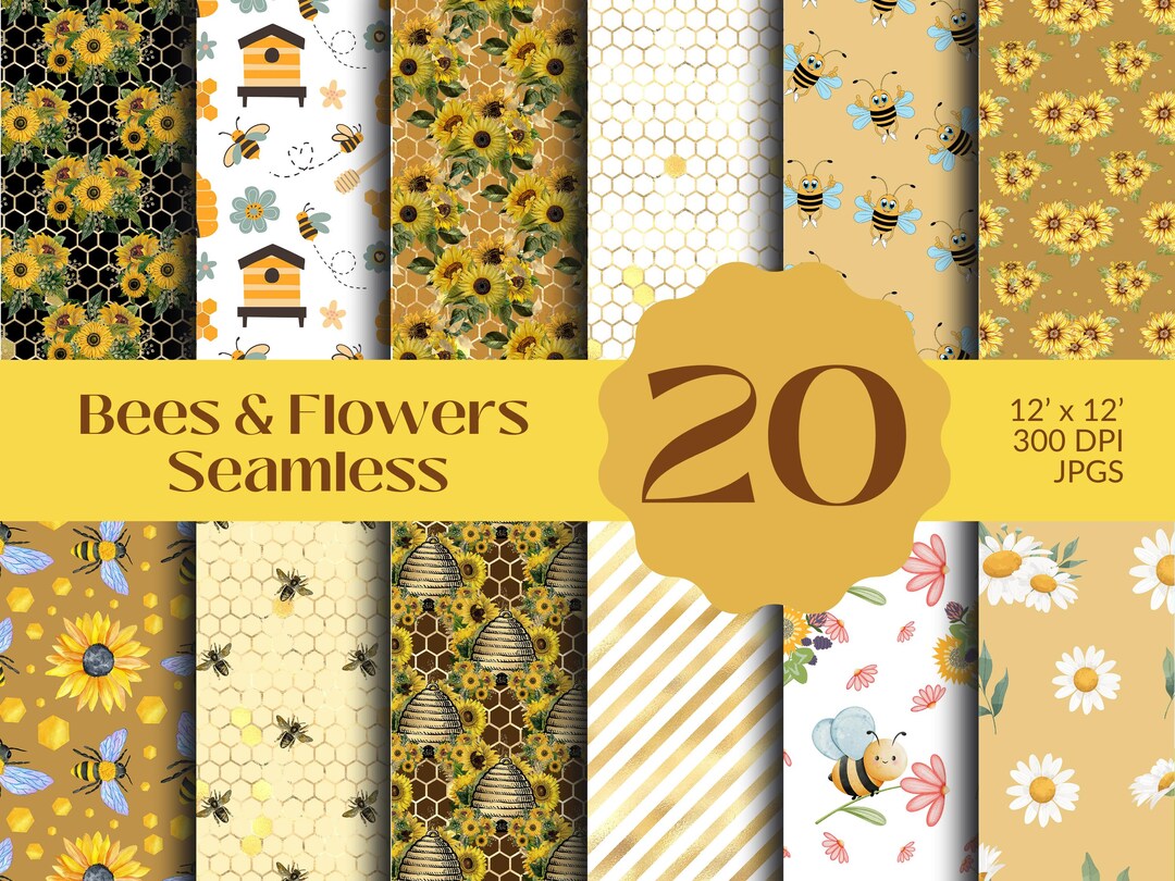 Bees Flowers Digital Paper - Seamless Gold Honey Bee Patterns Printable ...