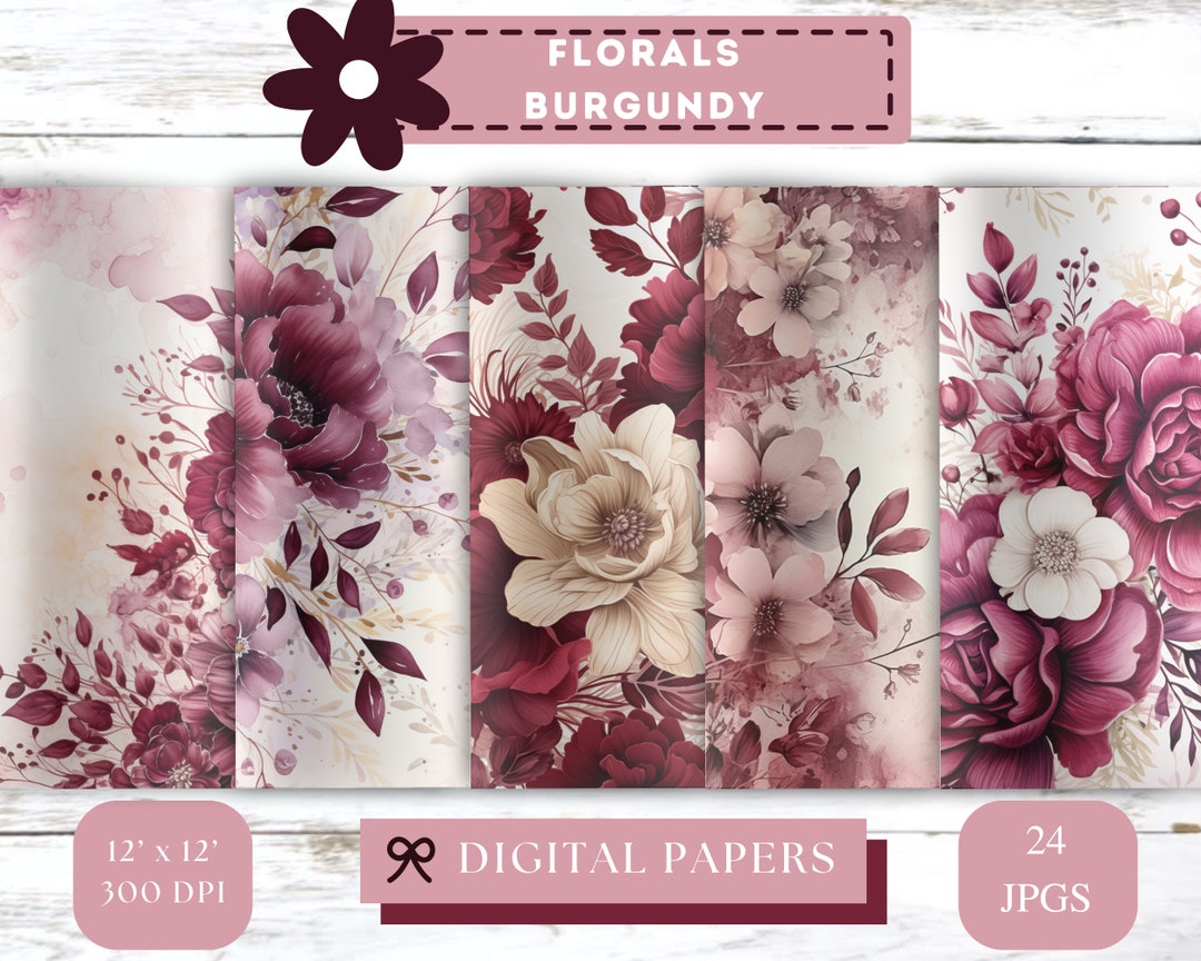 Burgundy Floral Digital Paper, Abstract Burgundy Watercolor Flowers ...