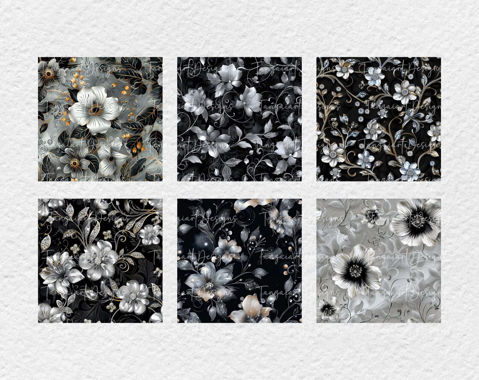White Black and Silver Floral Digital Paper, Seamless Flowers Rose ...