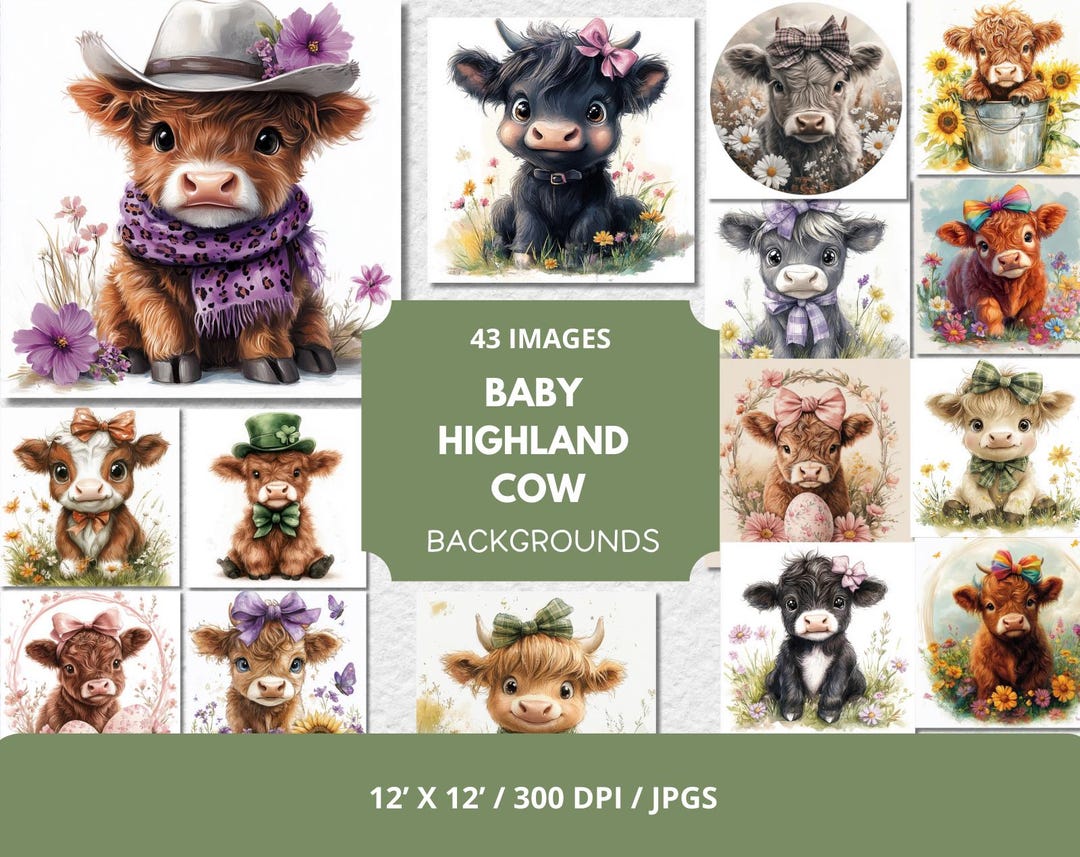 Baby Highland Cow Clipart, Watercolor Farm Animal Jpgs (commercial Use ...