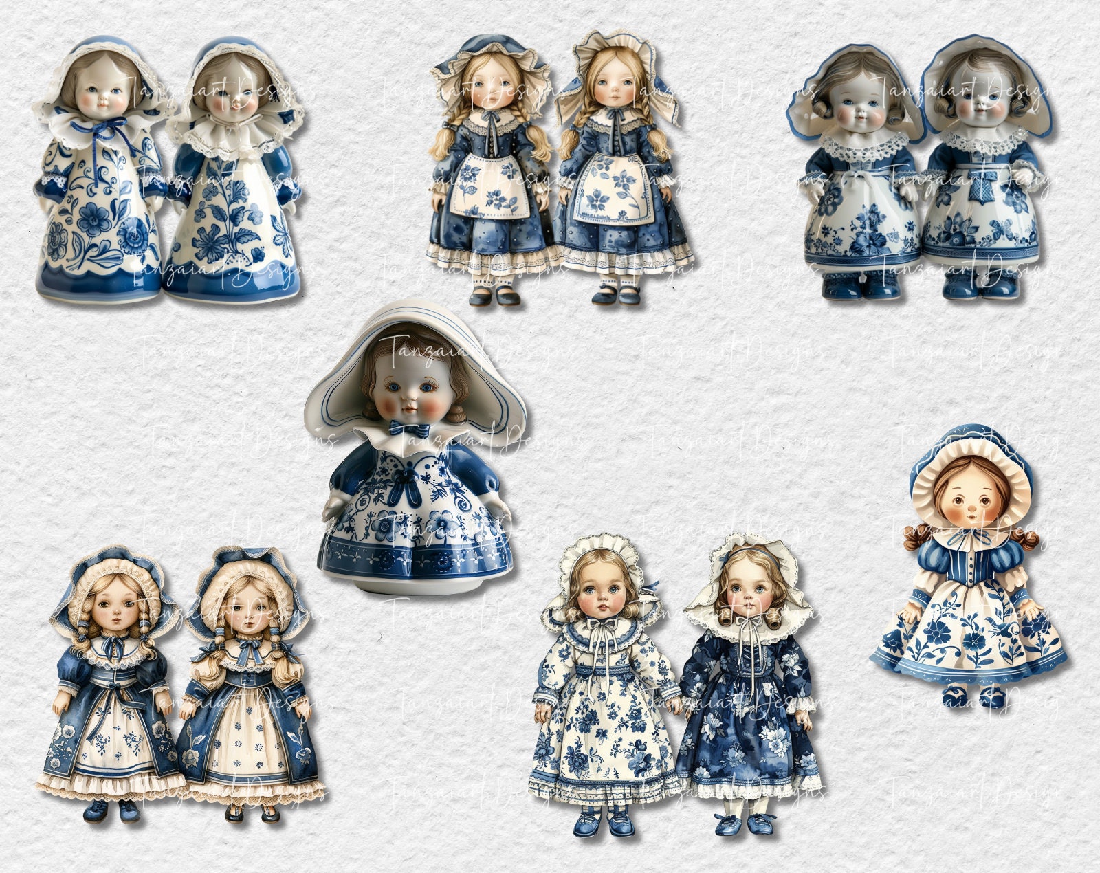 Dutch Delft Dolls Blue Clipart Bundle, Watercolor Dutch Ceramic PNG ...
