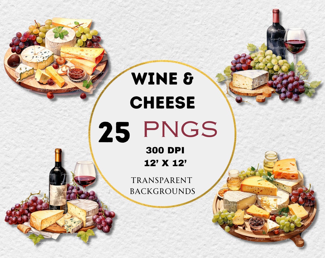 Watercolor Wine and Cheese Clipart: 25 Quality Pngs, 300 DPI Ideal for ...