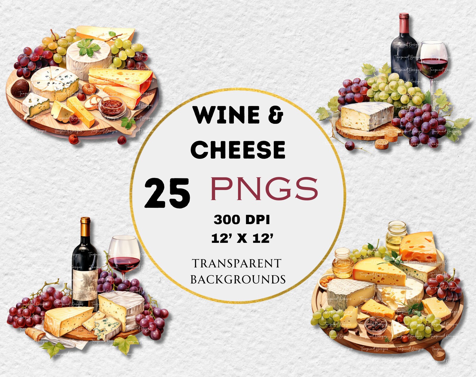 Watercolor Wine and Cheese Clipart: 25 Quality Pngs, 300 DPI - Ideal ...