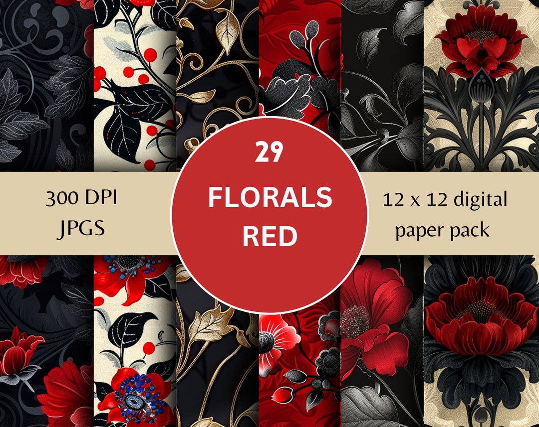 Digital Paper, Red Black Floral Paper, Red Flowers Patterns, Digital ...