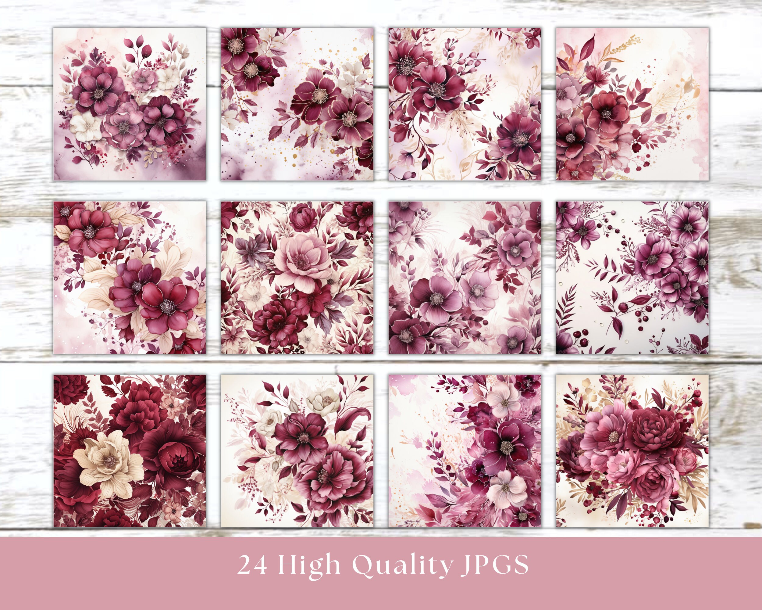 Burgundy Floral Digital Paper, Abstract Burgundy Watercolor Flowers ...