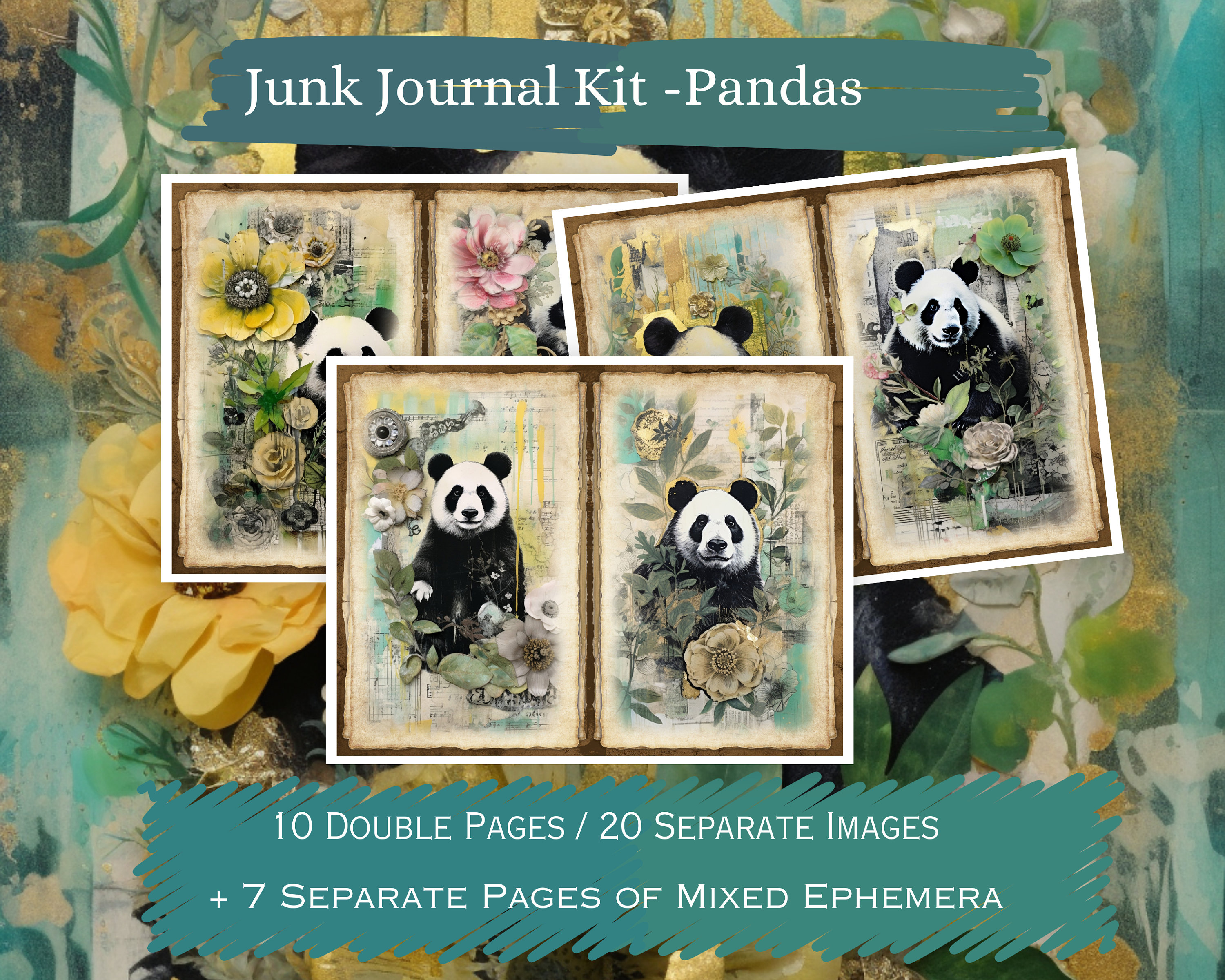 Watercolor Panda Junk Journal Kit, Vintage Ephemera (digital Download ...