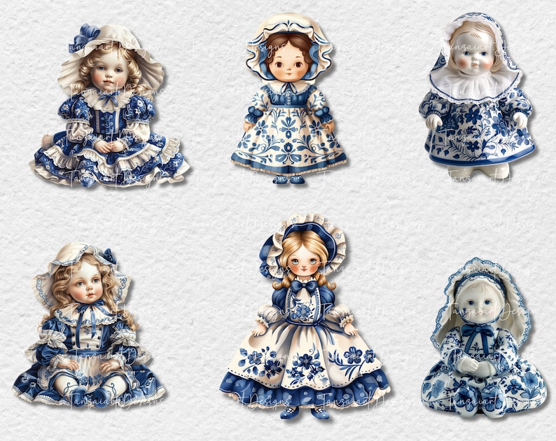 Dutch Delft Dolls Blue Clipart Bundle, Watercolor Dutch Ceramic PNG ...