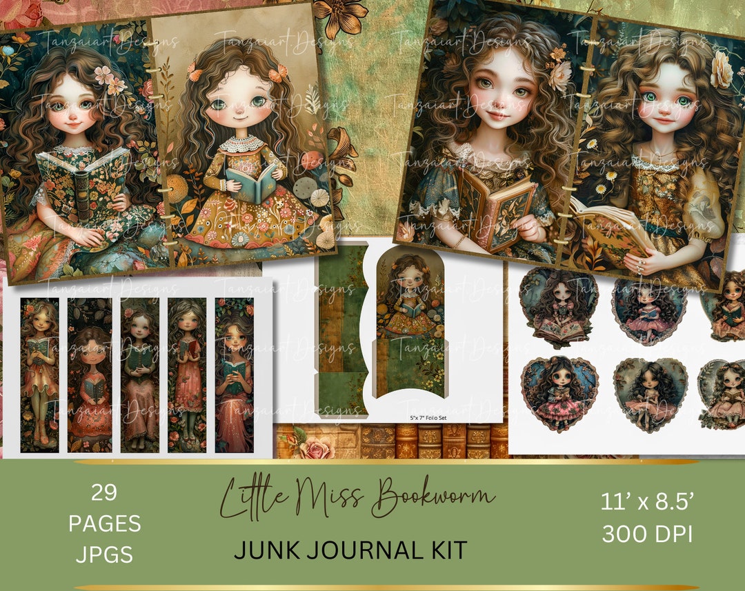 Little Miss Bookworm Junk Journal Pages Digital Scrapbook Paper Kit ...