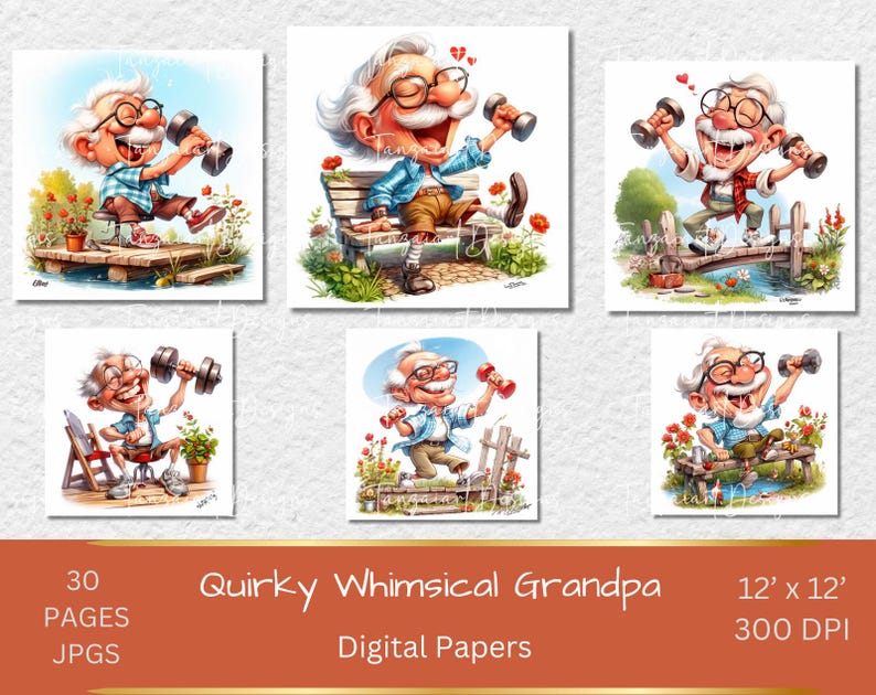Quirky Whimsical Grandpa Exercise Clipart | Whimsical Funny Old Men ...