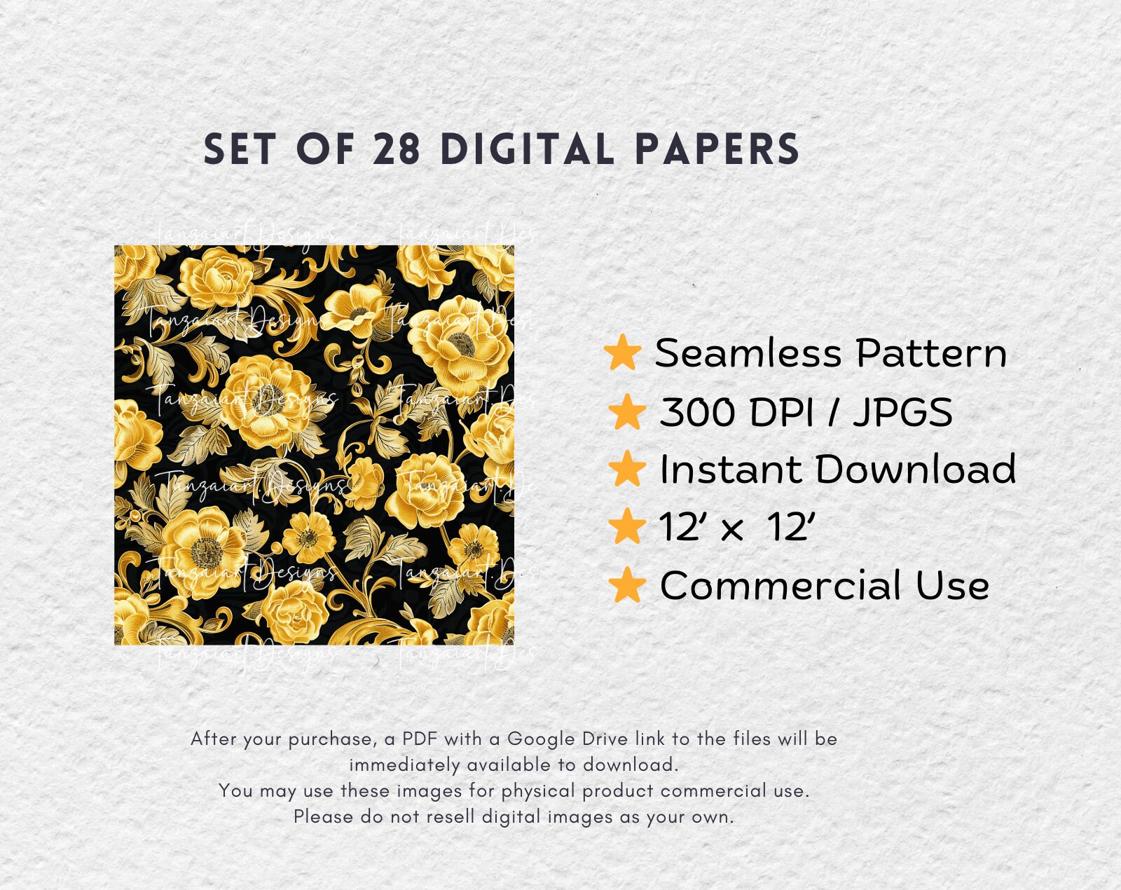 Black and Yellow Floral Digital Paper, Gold Flowers Seamless Pattern ...