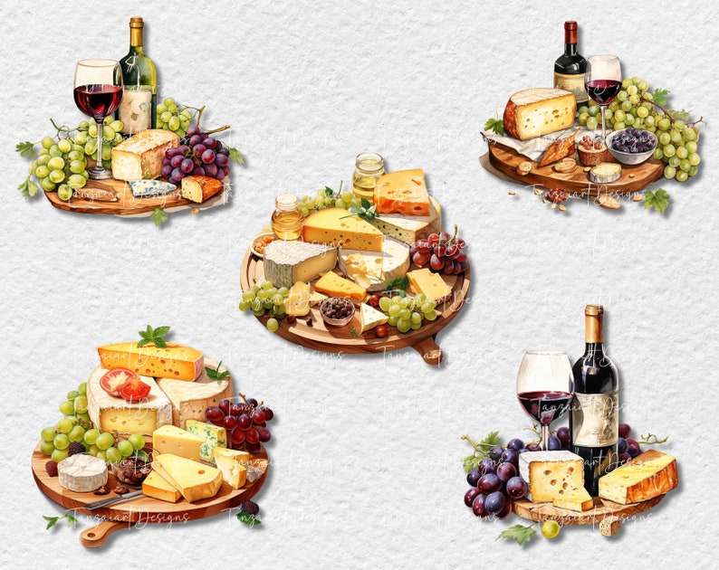 Watercolor Wine and Cheese Clipart: 25 Quality Pngs, 300 DPI - Ideal ...