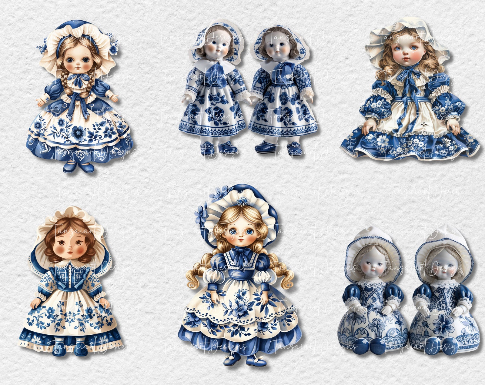 Dutch Delft Dolls Blue Clipart Bundle, Watercolor Dutch Ceramic PNG ...