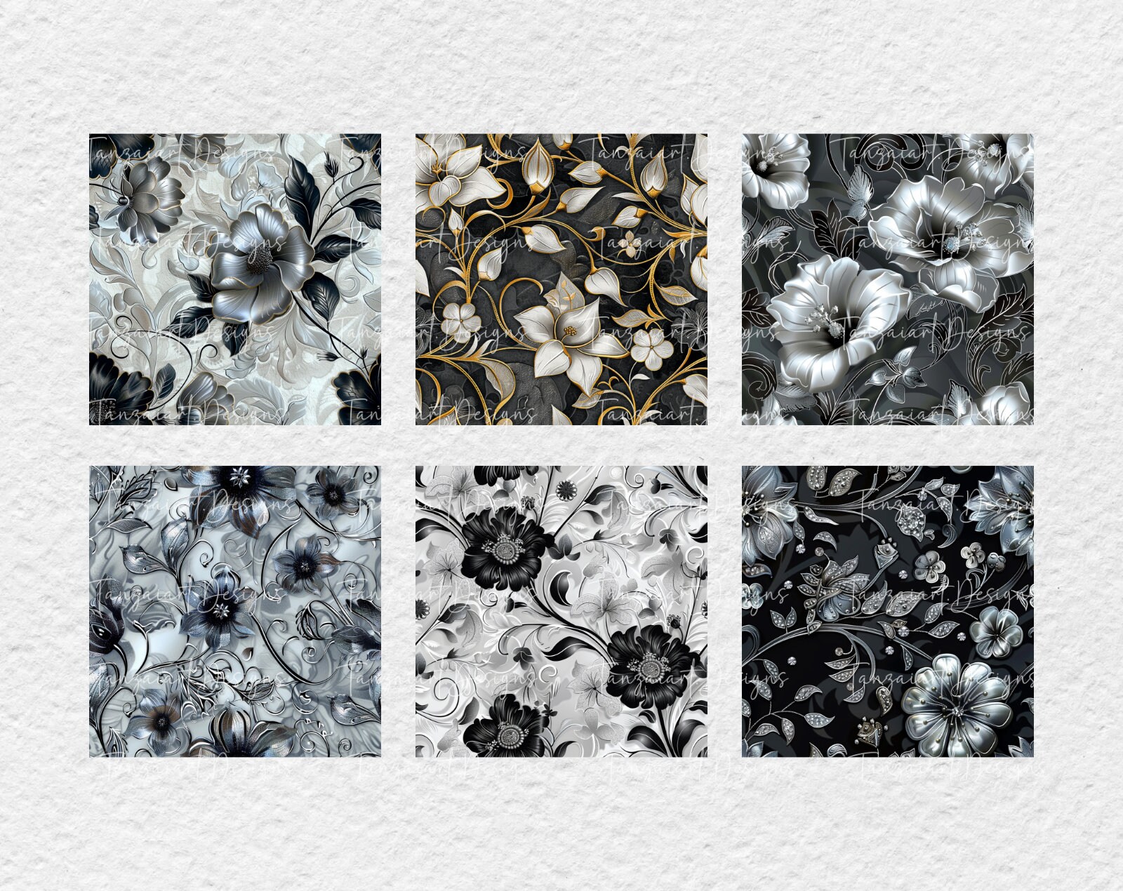 White Black and Silver Floral Digital Paper, Seamless Flowers Rose ...