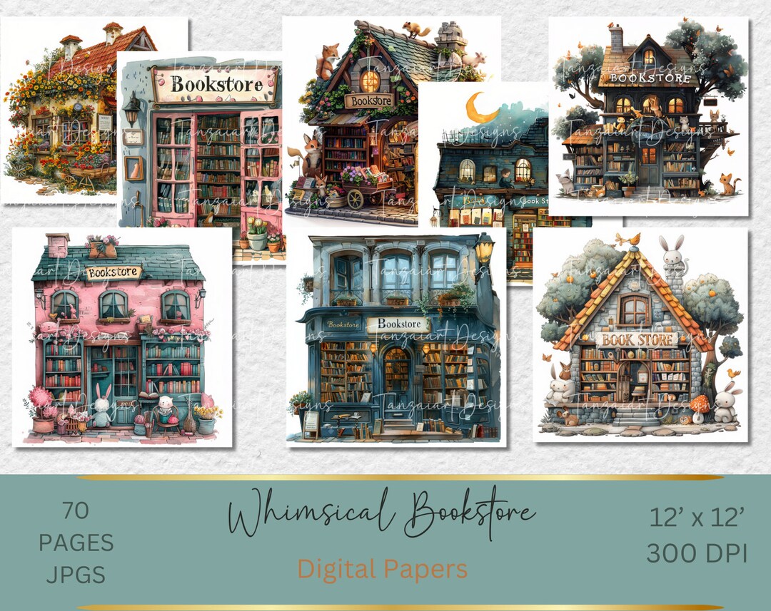 70 Whimsical Book Store Images Digital Art Printable Kit Instant ...