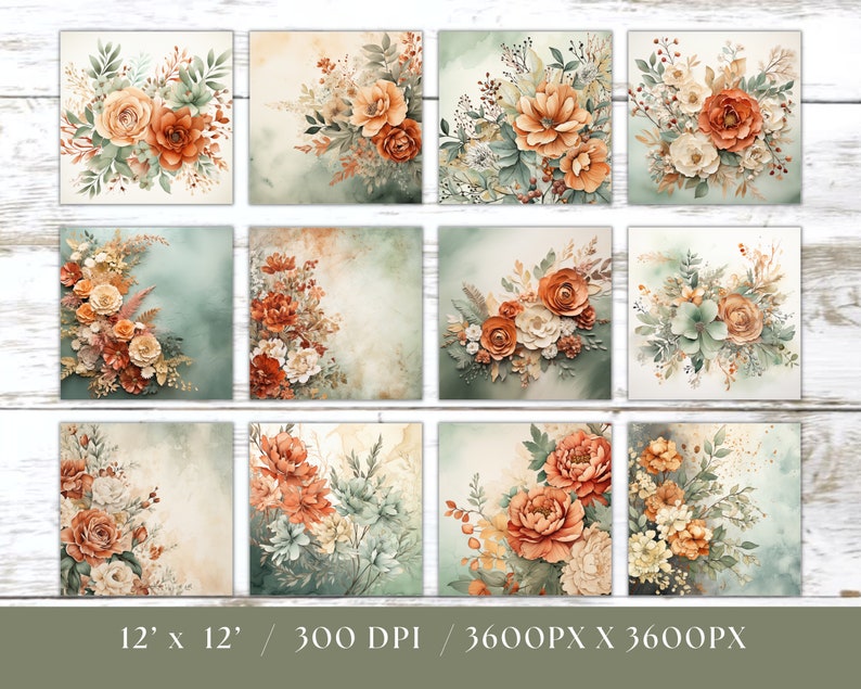 Terracotta Floral Watercolor Paper, Sage Green Scrapbook Background ...