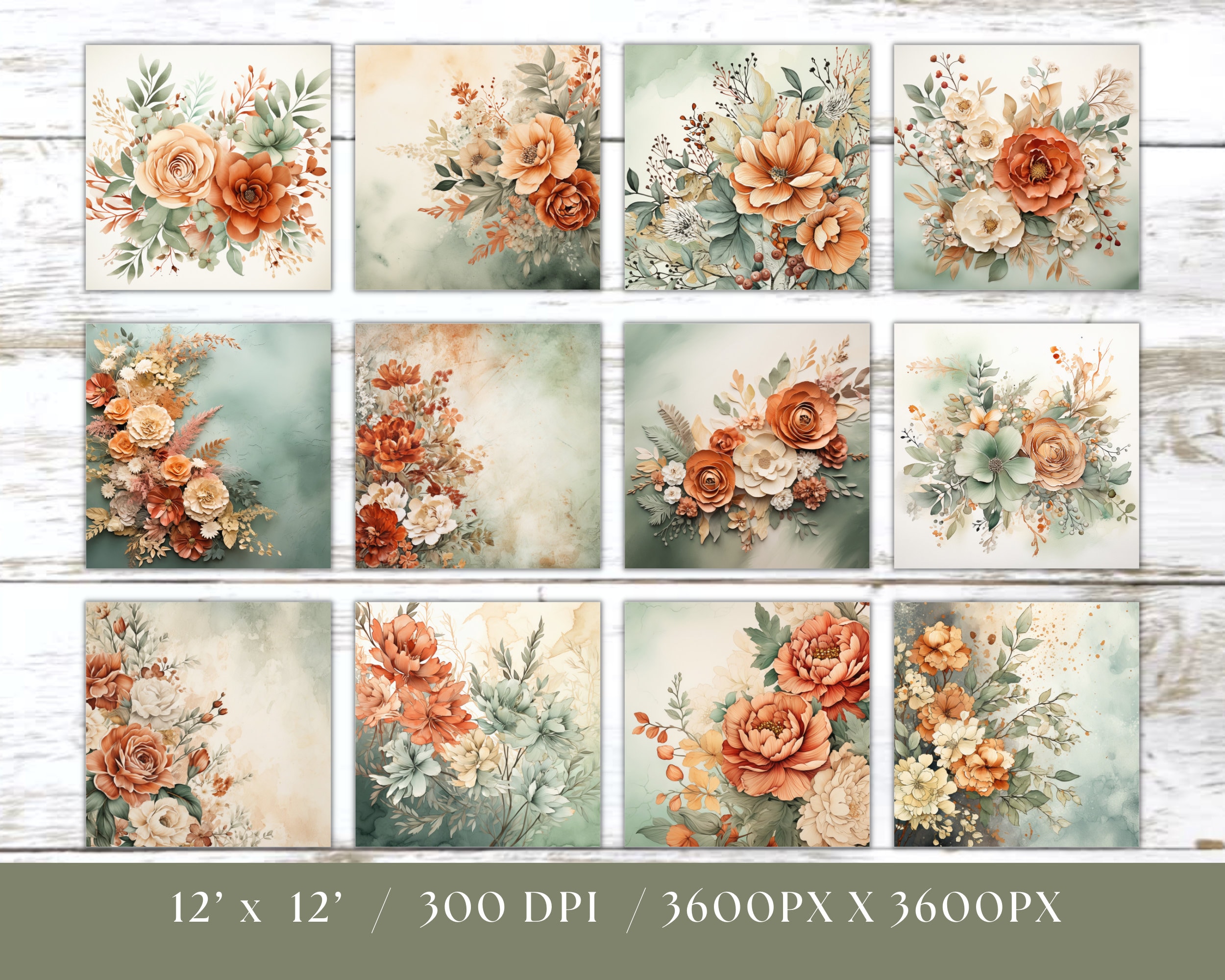 Terracotta Floral Watercolor Paper, Sage Green Scrapbook Background ...