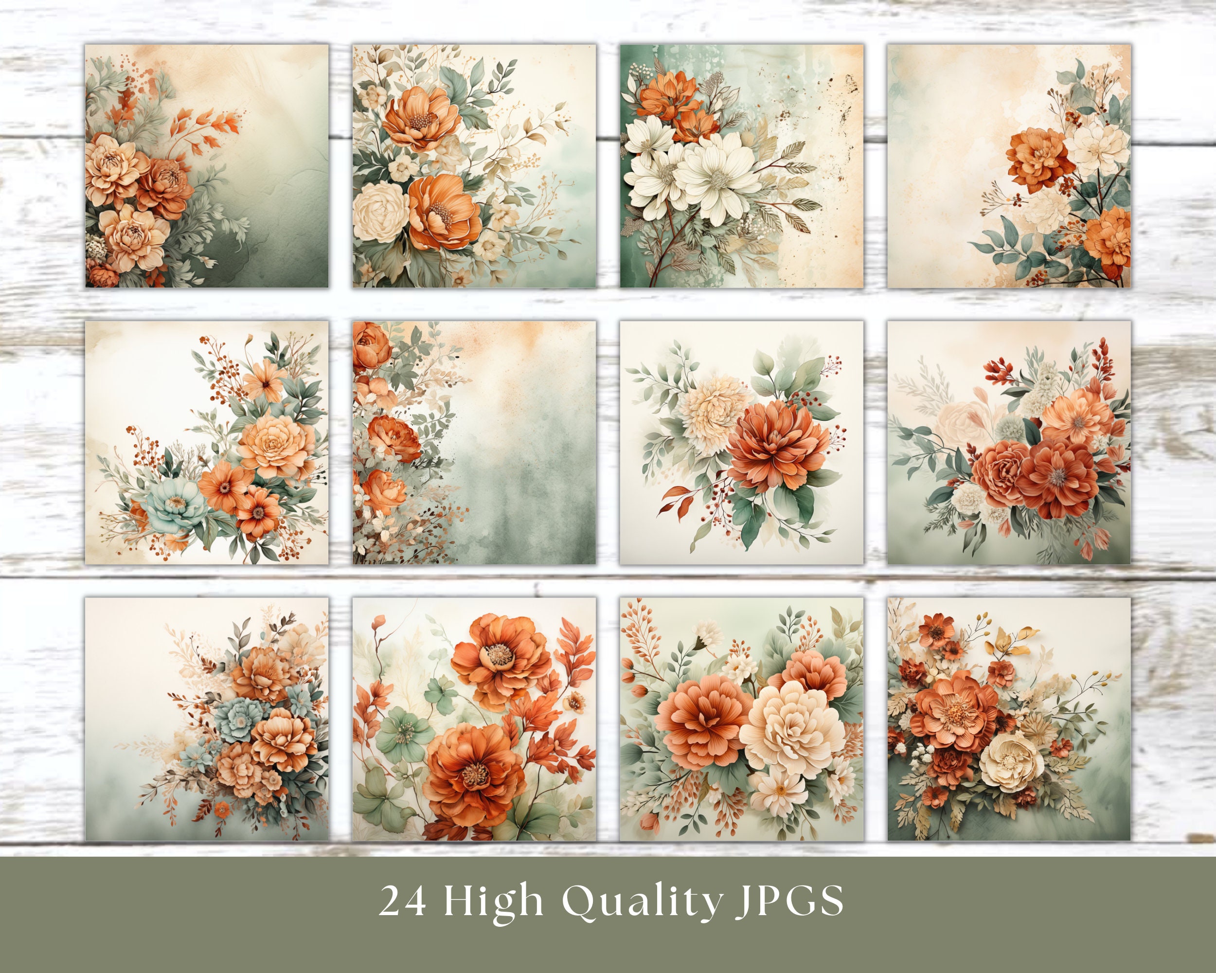 Terracotta Floral Watercolor Paper, Sage Green Scrapbook Background ...