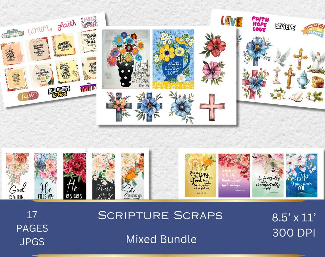 Scripture Scraps, Floral Bible Verse, Junk Journal Stickers (digital ...
