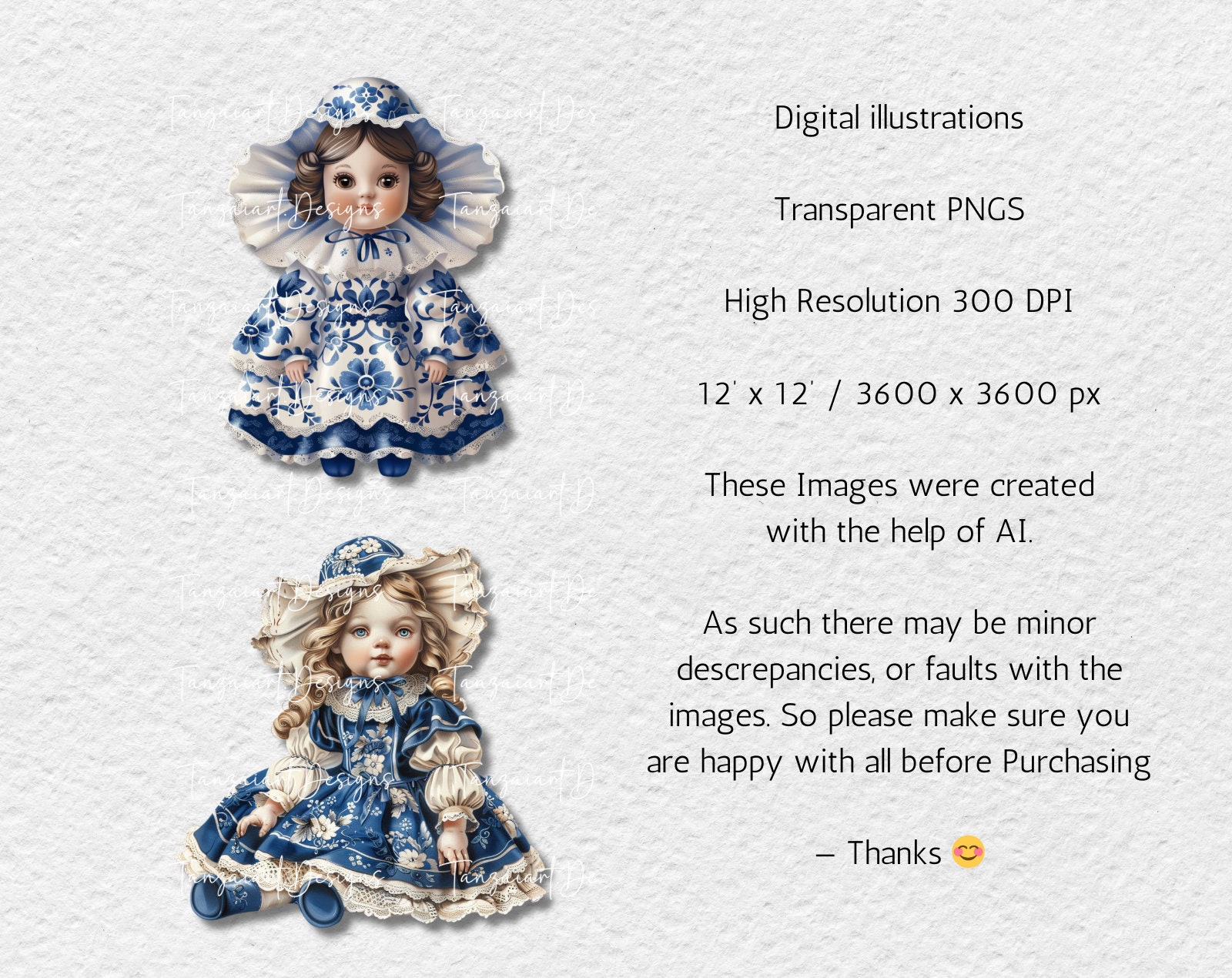 Dutch Delft Dolls Blue Clipart Bundle, Watercolor Dutch Ceramic PNG ...
