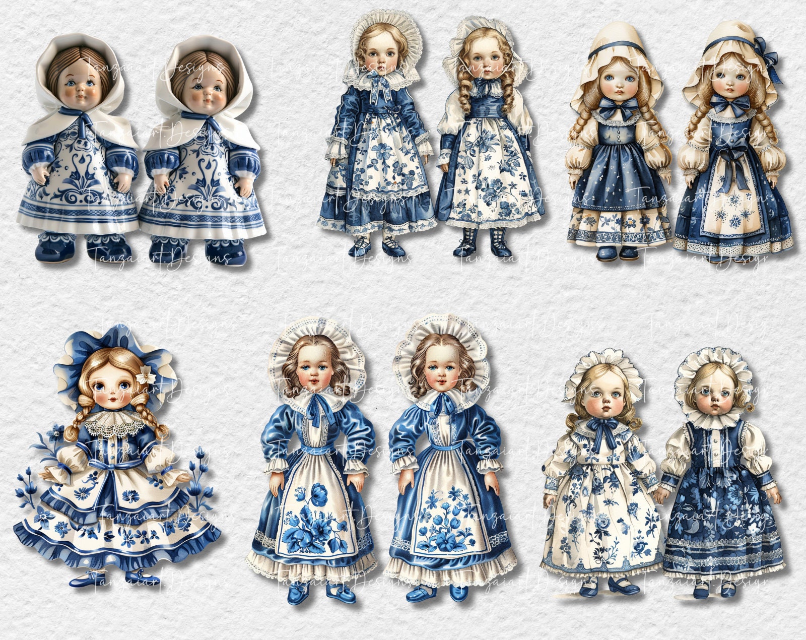 Dutch Delft Dolls Blue Clipart Bundle, Watercolor Dutch Ceramic PNG ...