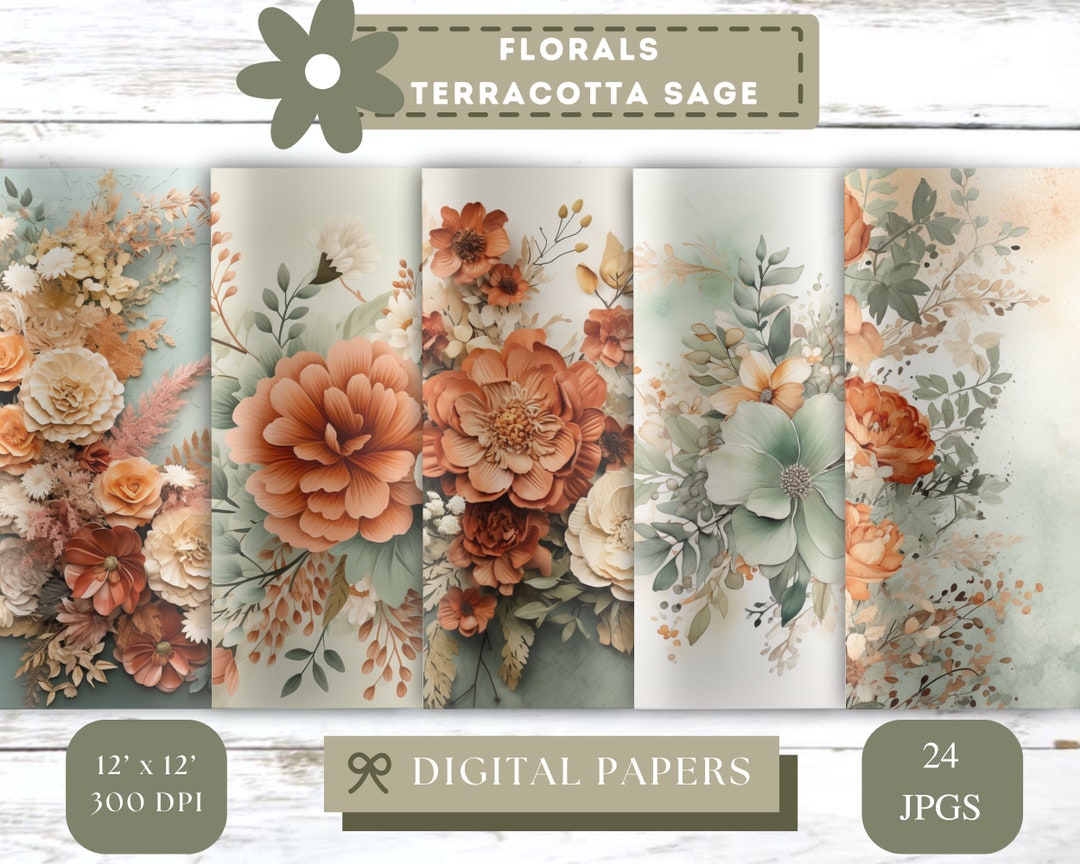 Terracotta and Sage Green Floral Watercolor Digital Paper, Rust Fall ...
