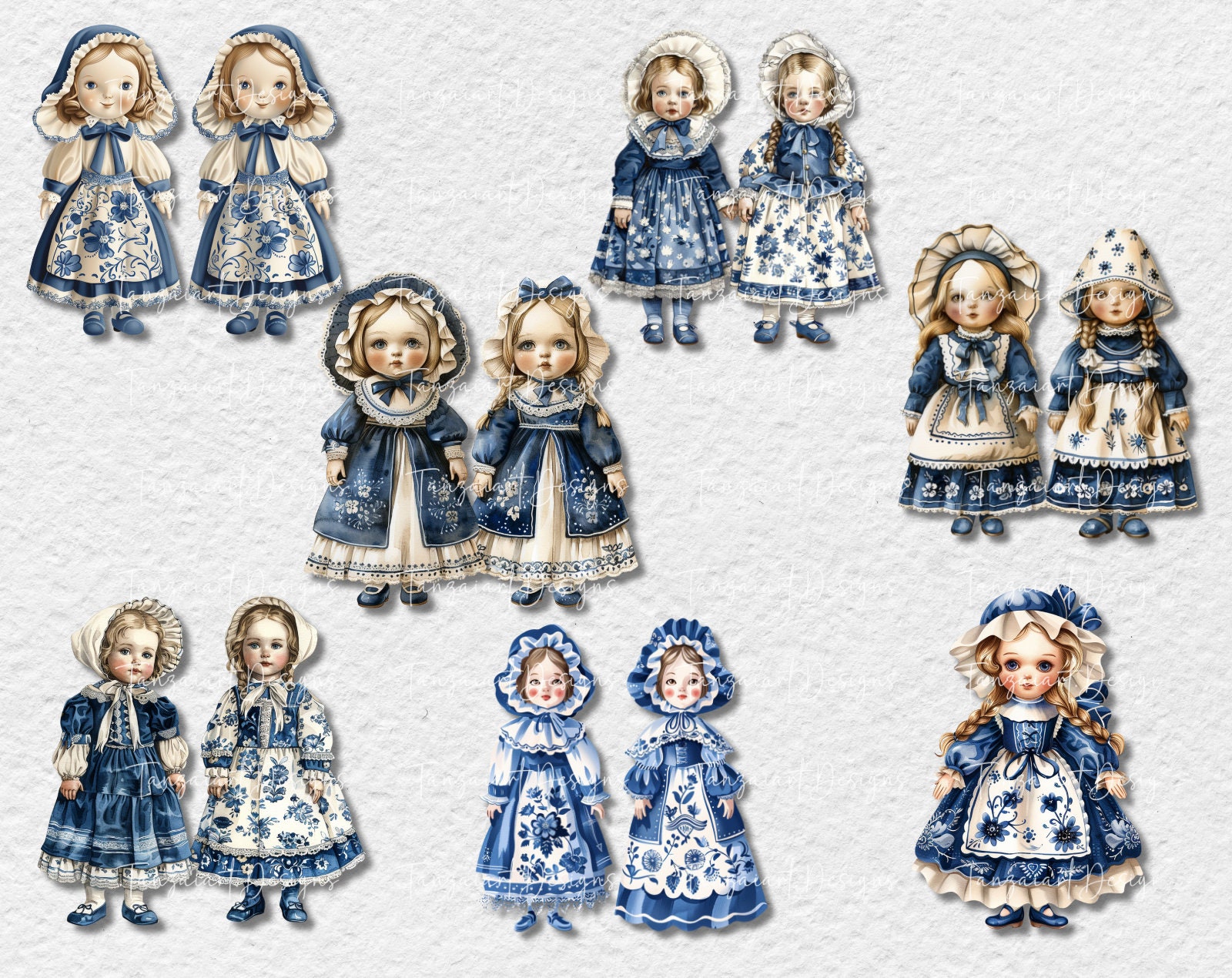 Dutch Delft Dolls Blue Clipart Bundle, Watercolor Dutch Ceramic PNG ...