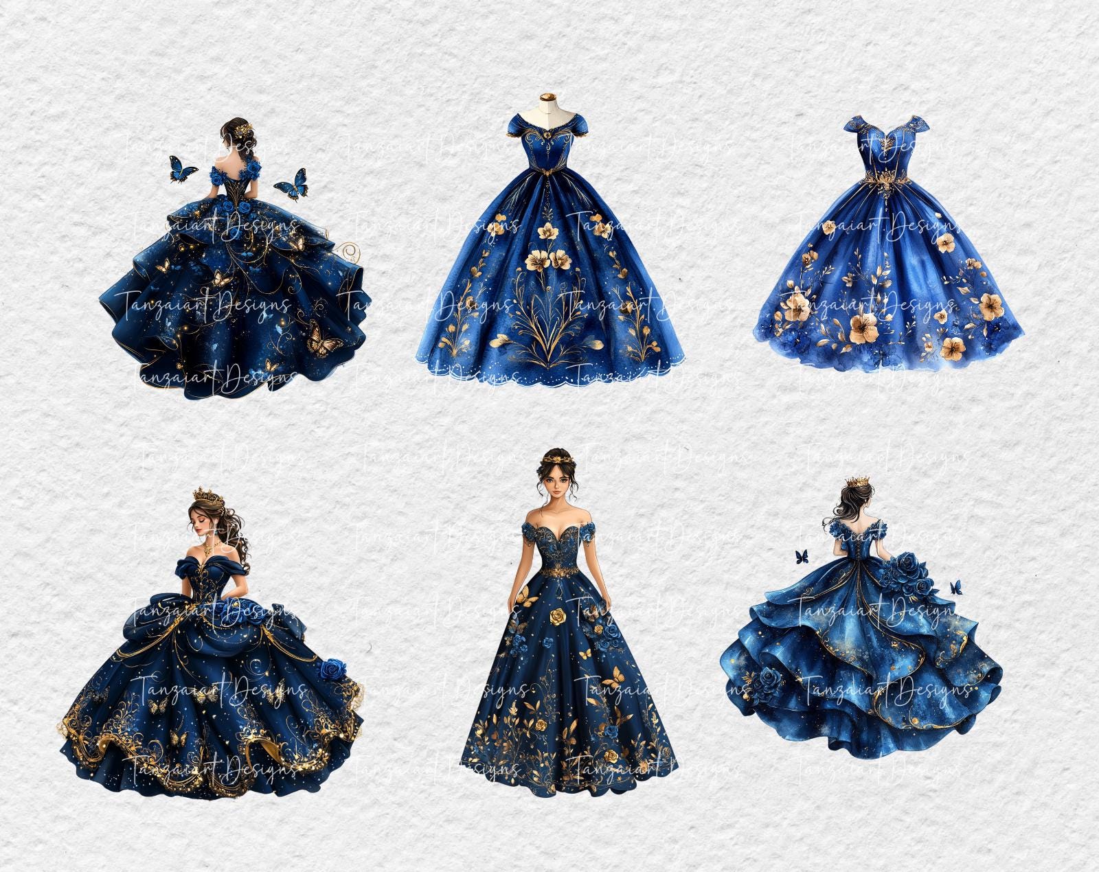 Navy Blue Princess Dresses Watercolor Clipart, Navy Blue Quinceañera ...