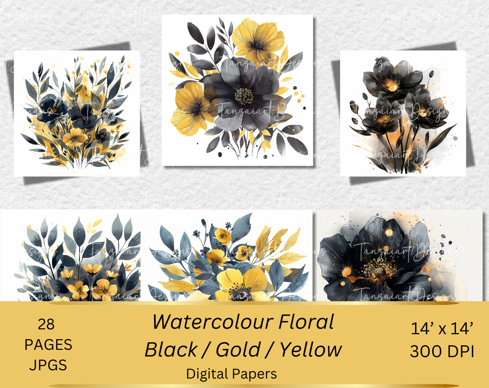 28 Various Flowers Clipart, Black Gold Yellow Print,printable ...