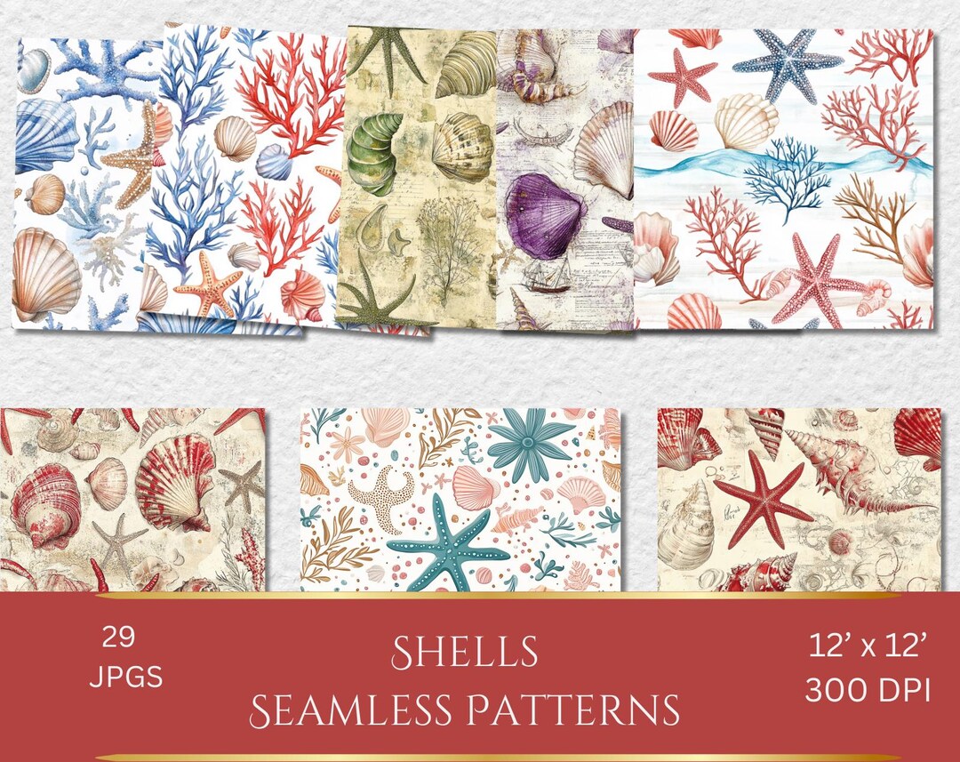 Beach Digital Paper and Watercolor Sea Shell Seamless Pattern,nautical ...