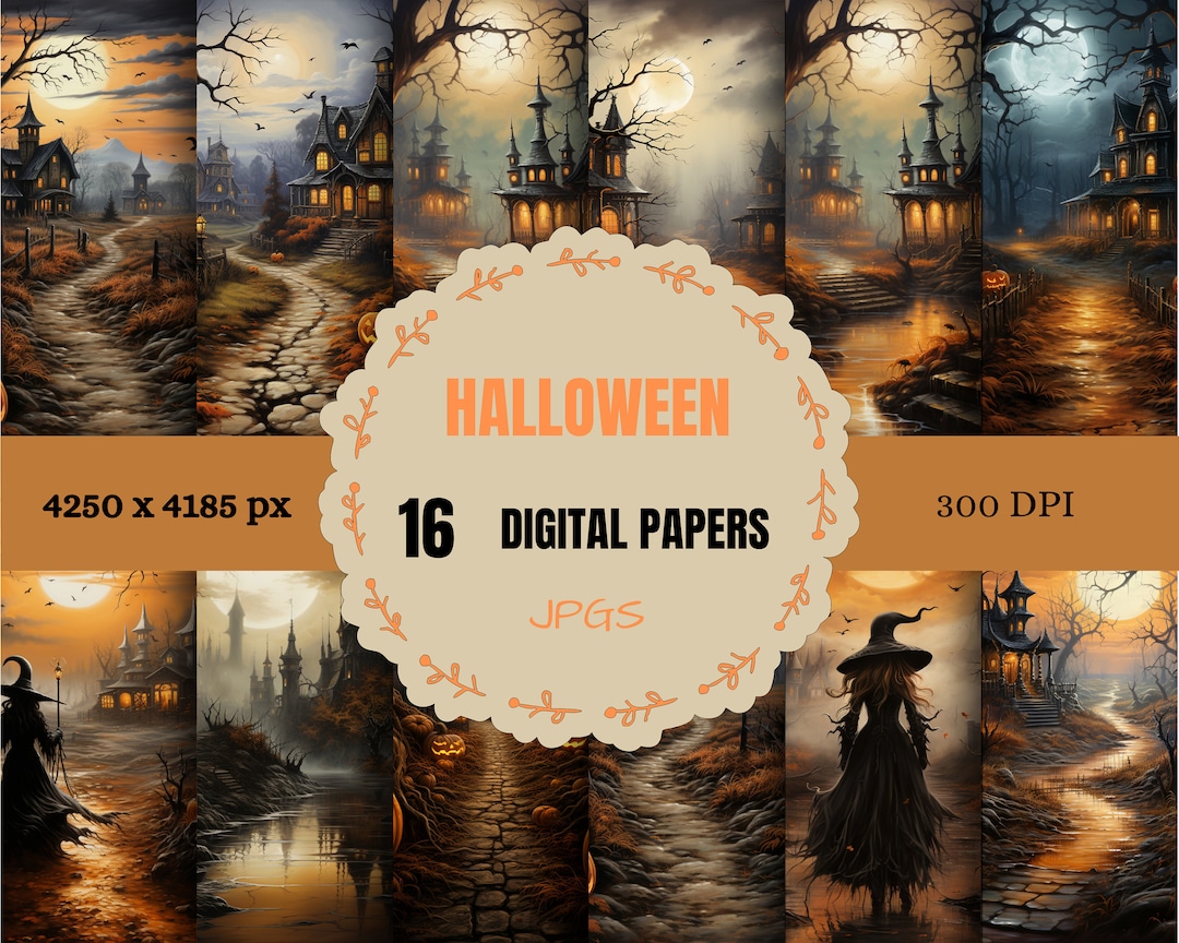 Printable Halloween Landscape Digital Paper, Watercolor Halloween ...