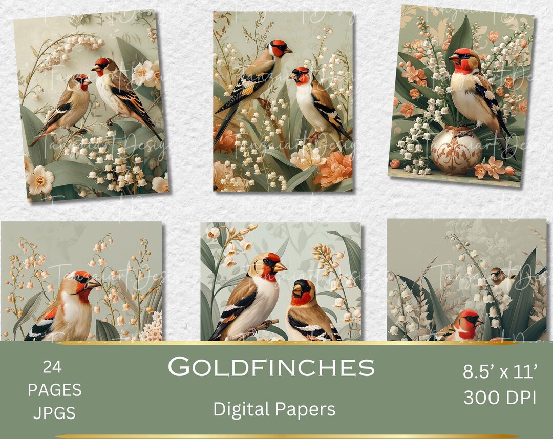 Digital Paper, Goldfinches Birds Digital Paper, Beige Scrapbook Paper ...