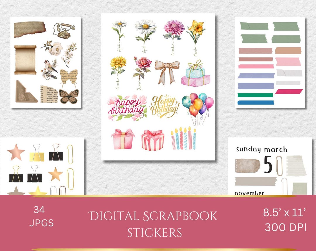 Realistic Digital Scrapbook Stickers, Basic Scrapbook Stickers ...