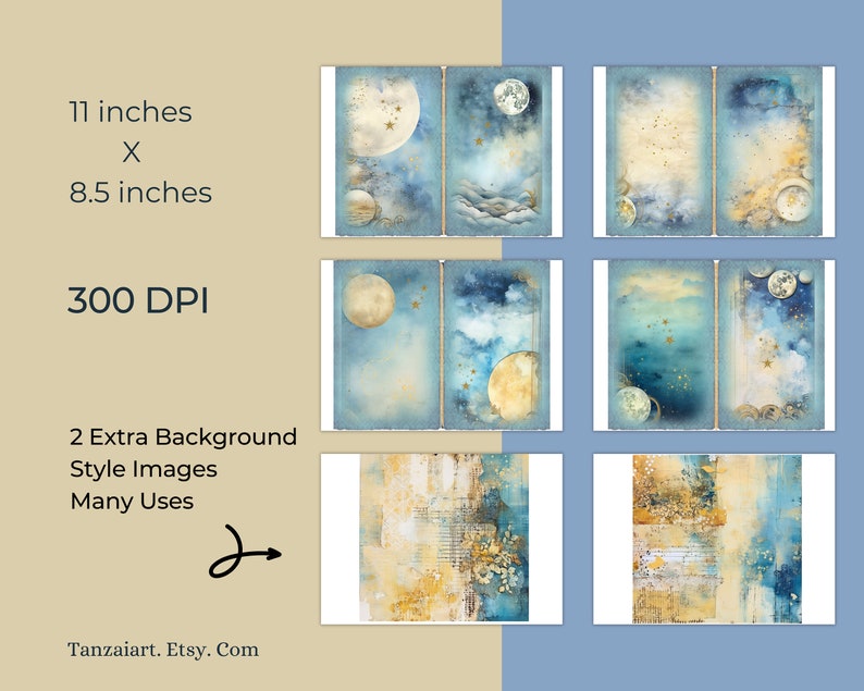 Blue Moonlight Junk Journal Digital Kit Printable, Moon and Stars ...