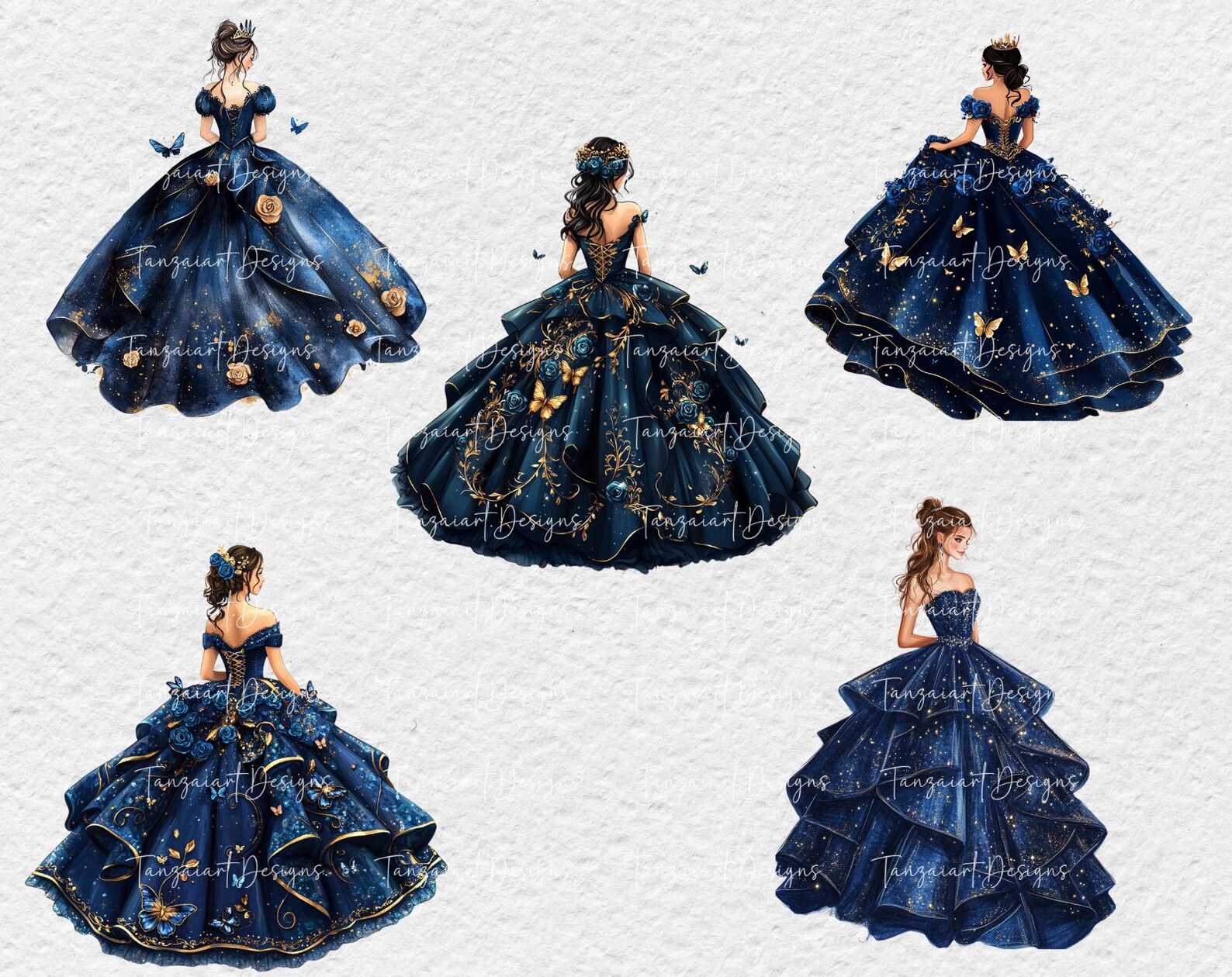 Navy Blue Princess Dresses Watercolor Clipart, Navy Blue Quinceañera ...