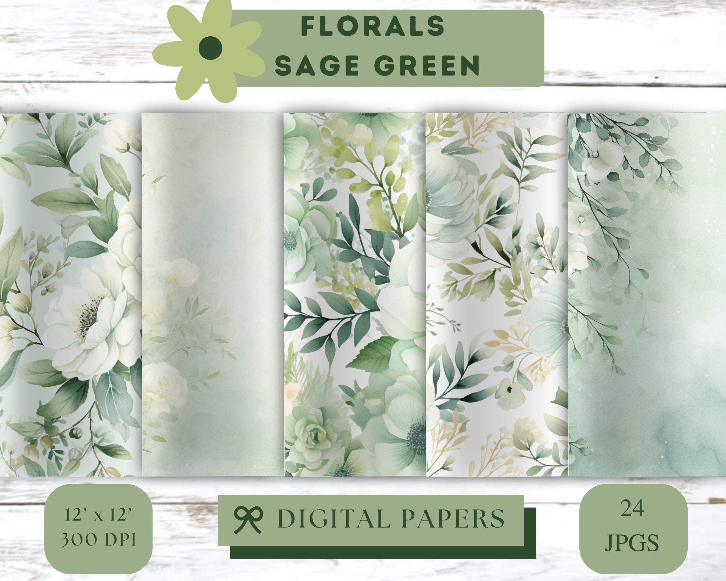 Sage Green Floral Watercolor Digital Paper, Abstract Pastel Wedding ...